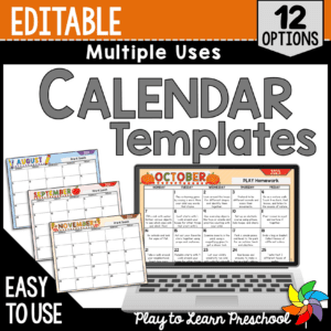 Editable Classroom Calendars Cover - Play to Learn Preschool