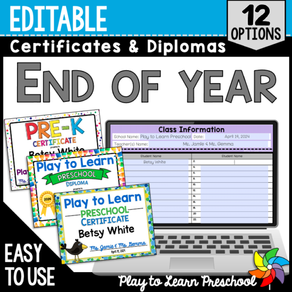 Preschool / Pre-K End-of-Year Certificates & Diplomas - Play to Learn ...